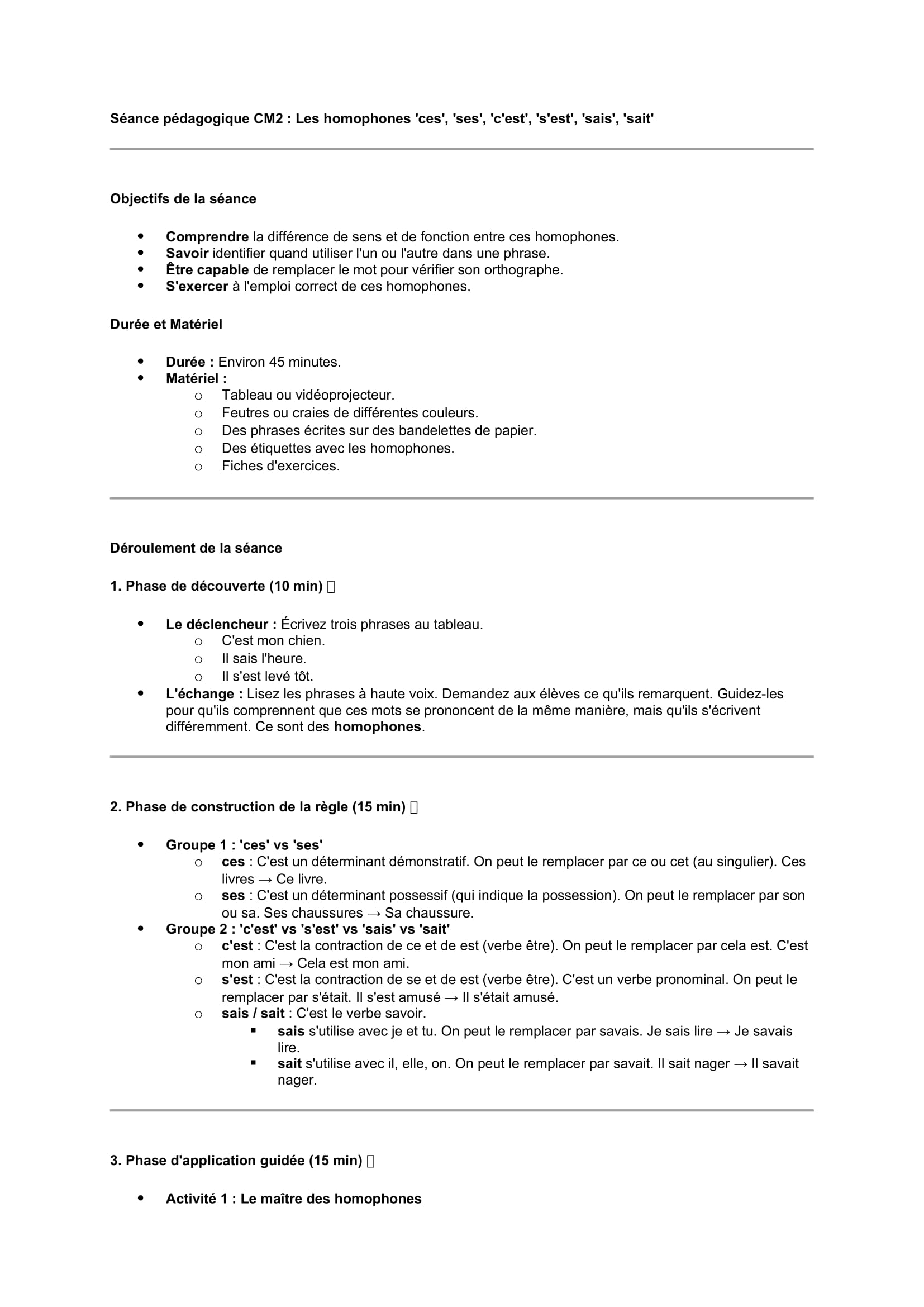 Fiches de seances pédagogiques orthographe CM2 Homophones ces/ses-c’est ...