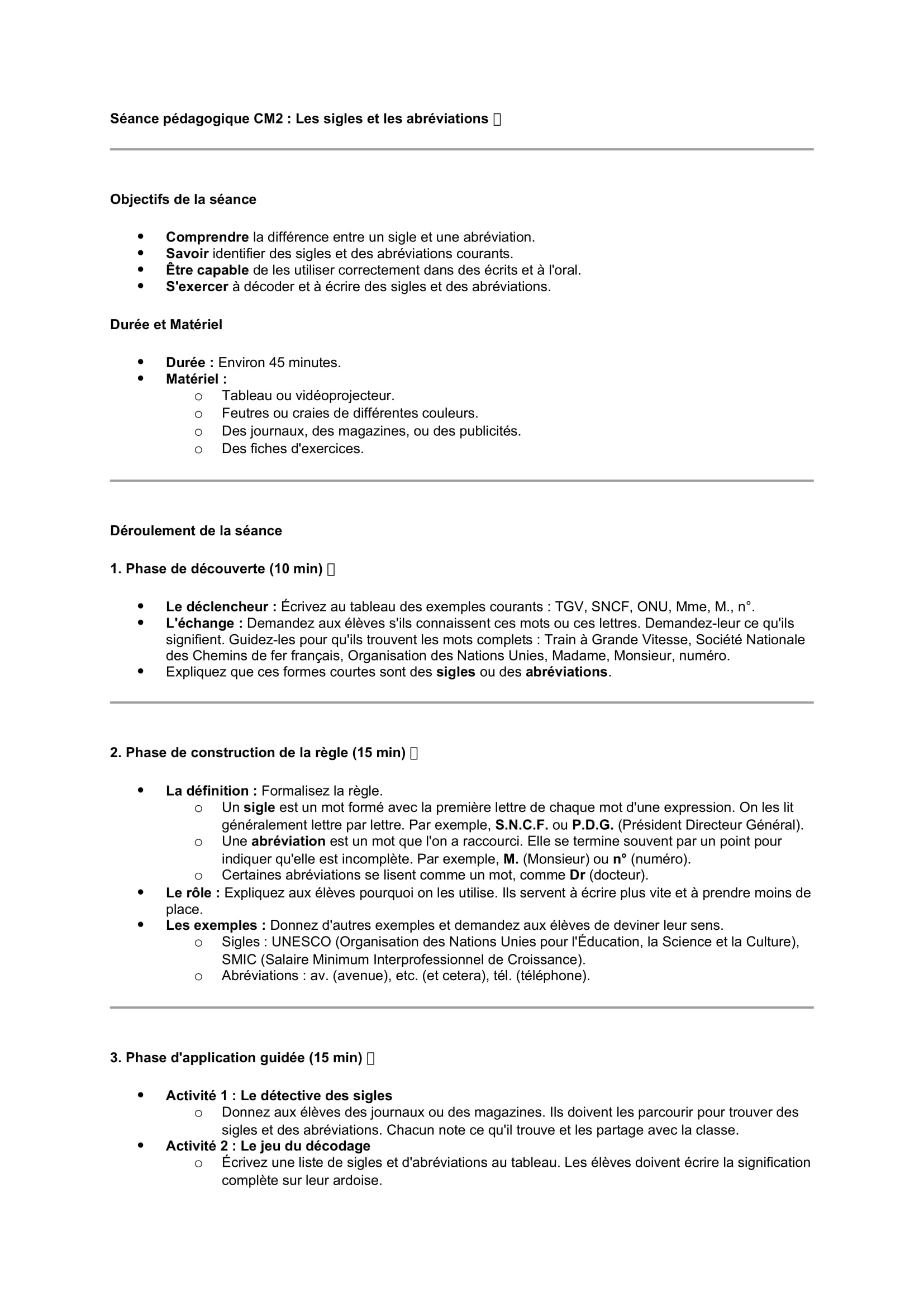 Fiches de seances pédagogiques vocabulaire CM2 Les sigles et abréviations